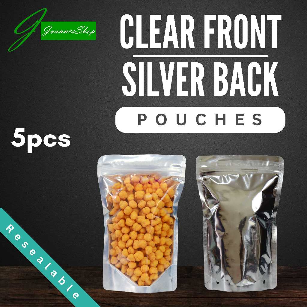 [ 5 PCS ] Clear Front Silver Back Zip Lock Resealable Stand Up Standing ...