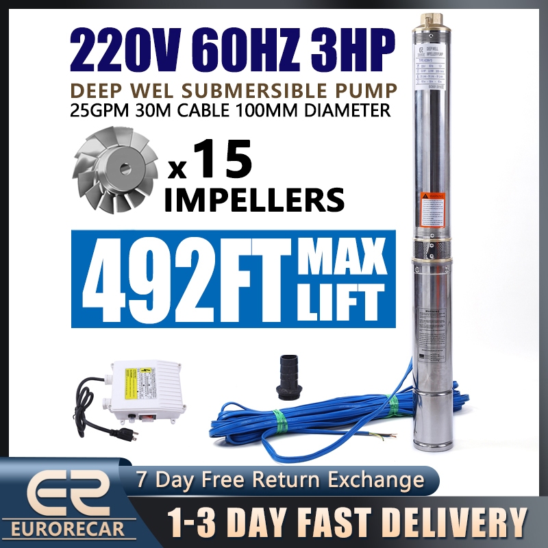 220V Deep Well Submersible Pump 3HP 4'' Case Water Pump 492ft 25GPM ...