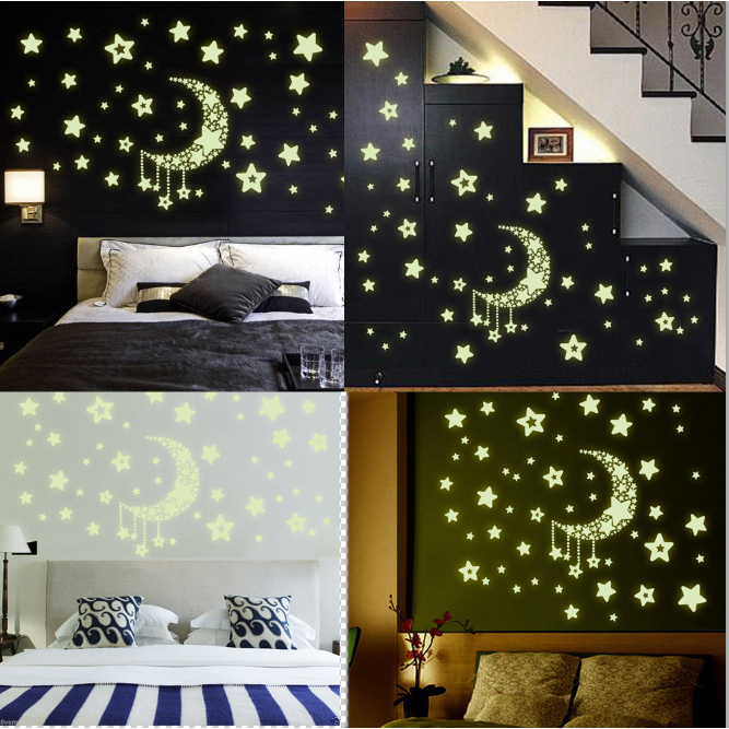 Glow in The Dark Stickers Moon Stars Luminous Wall Stickers Decor ...