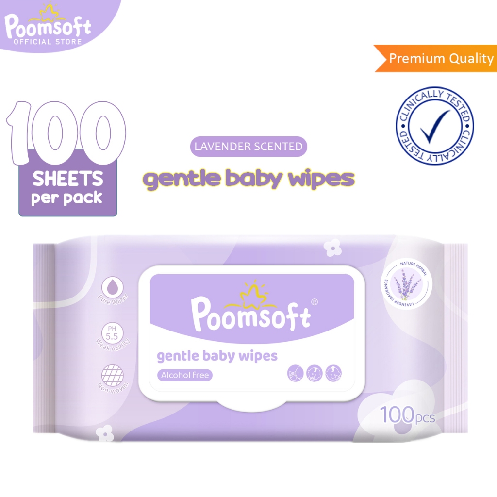 Poomsoft 1 Pack x100 Sheet Lavender Scented No-Alcohol Gentle Wet Tissue Disposable Cotton Wipes ...