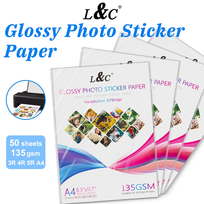 L&C Photo Sticker Paper 135gsm Glossy A4 Size 20/50Sheets Waterproof ...