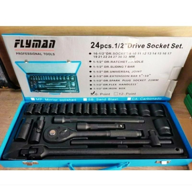Flyman Original 24pcs Socket set 1/2 drive 6 points & 12 points (Heavy duty) | Shopee Philippines