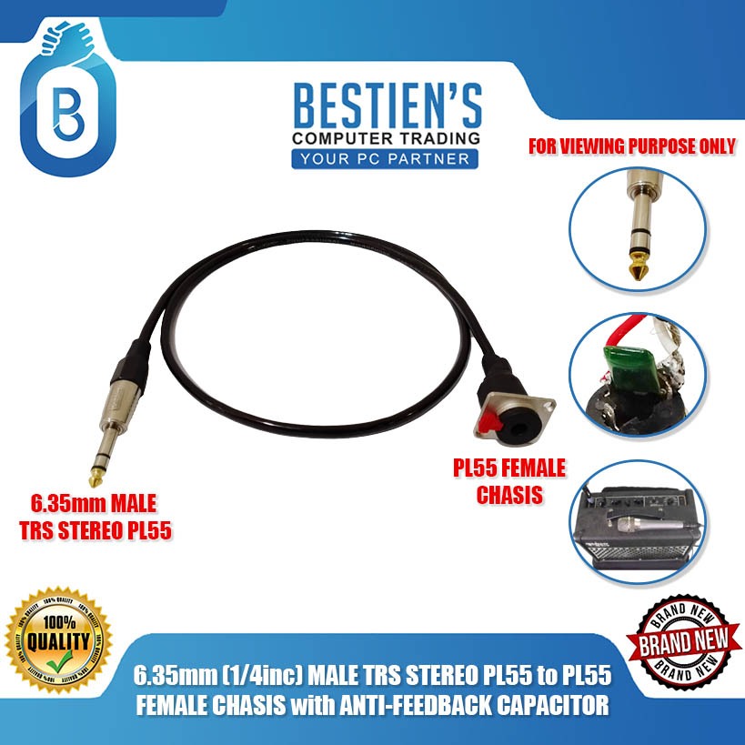 6.35mm (1/4inc) MALE TRS STEREO PL55 to PL55 FEMALE CHASIS with ANTI ...