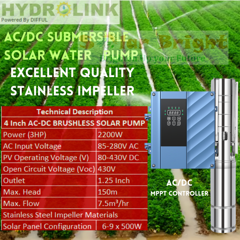 2200W 3HP Head 255 Meters 150 Meters 120 Meters 4 Inch AC-DC SUBMERSIBLE Solar Water Pump ...