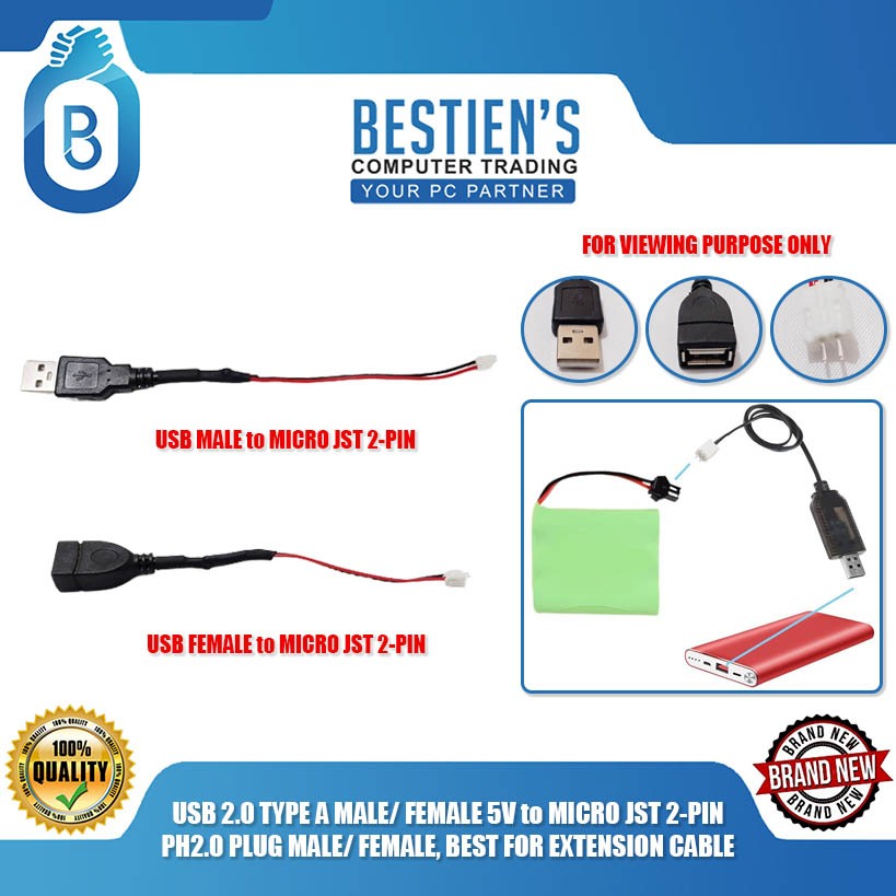 USB 2.0 TYPE A MALE/ FEMALE 5V to MICRO JST 2-PIN PH2.0 PLUG MALE ...