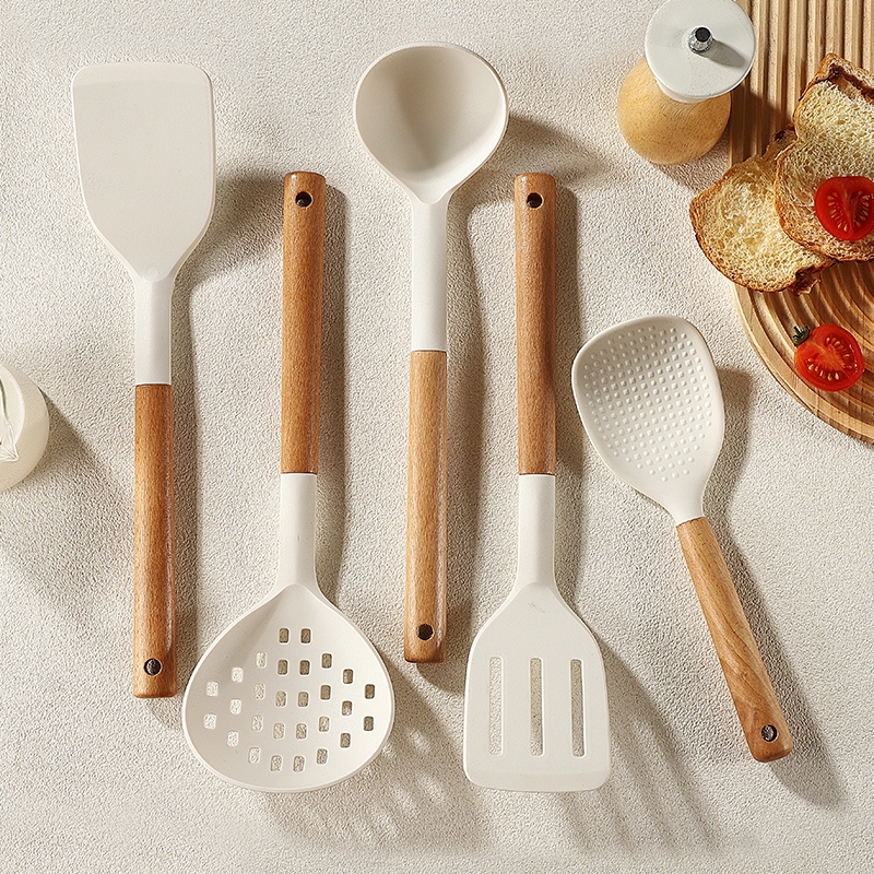LOCAUPIN Set of Kitchen Essential Tool Silicone Cooking Utensil Wooden ...