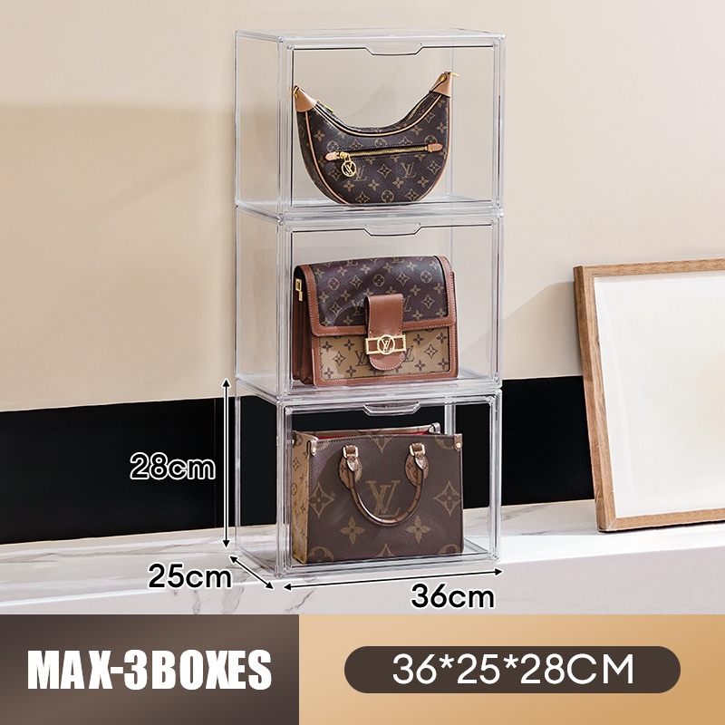 UUOO Stackable Acrylic Bag Organizer Case & Display Box Side Drop ...