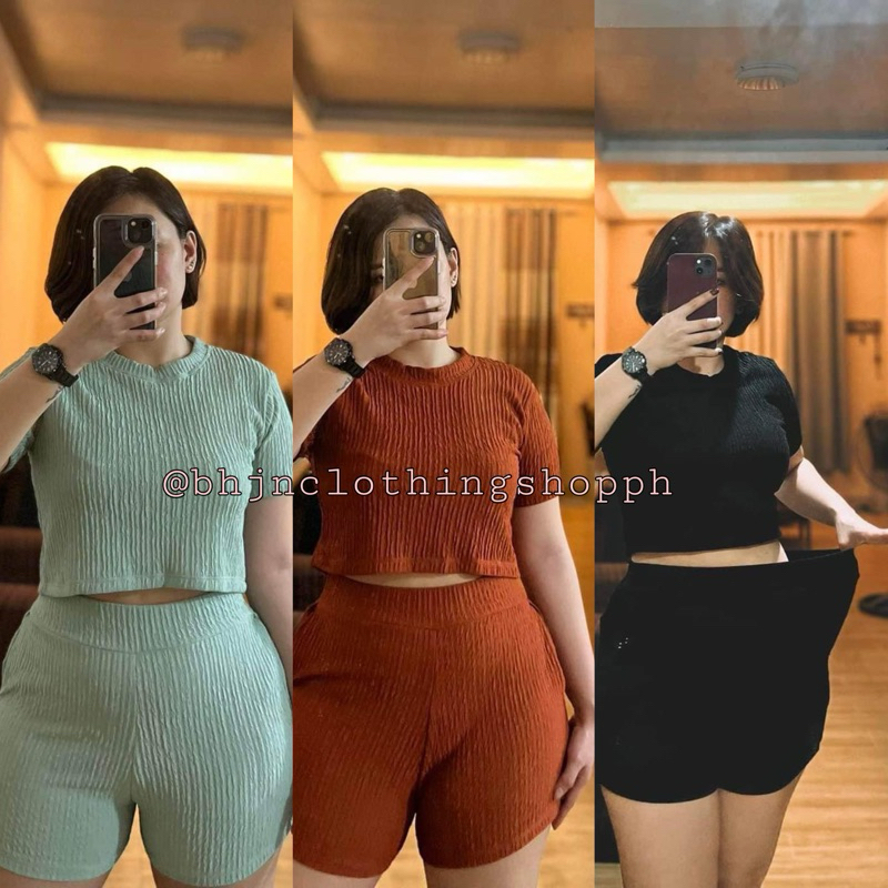 BHJN IONA CROP & SHORT COORDS (BARK CREPE) | Shopee Philippines