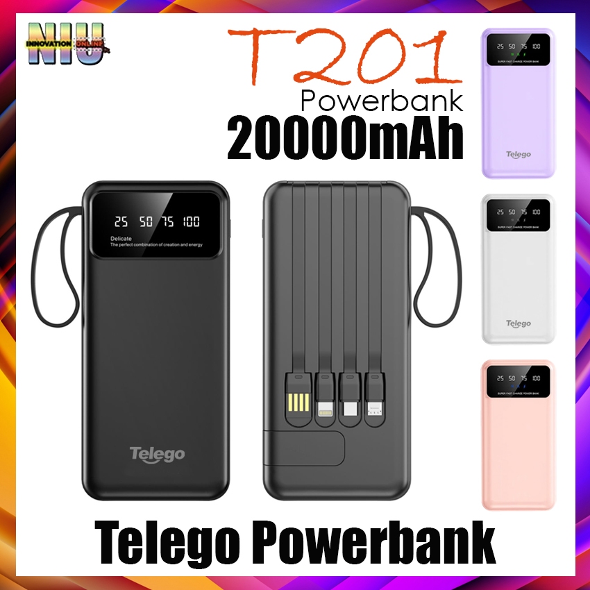 Telego T201 20000mAh Power Bank Built-in Cable Digital LED Display Fast ...