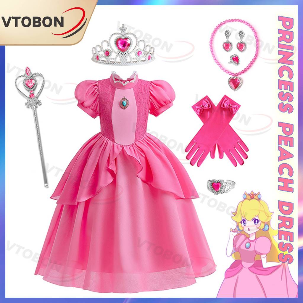 Girls Peach Costume For Kids Girl Super Mario Cosplay Princess Peach ...