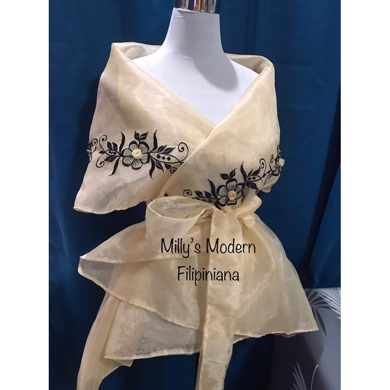 Milly Modern Filipiniana Biege Pinya black Embroidery balabal wrap ...