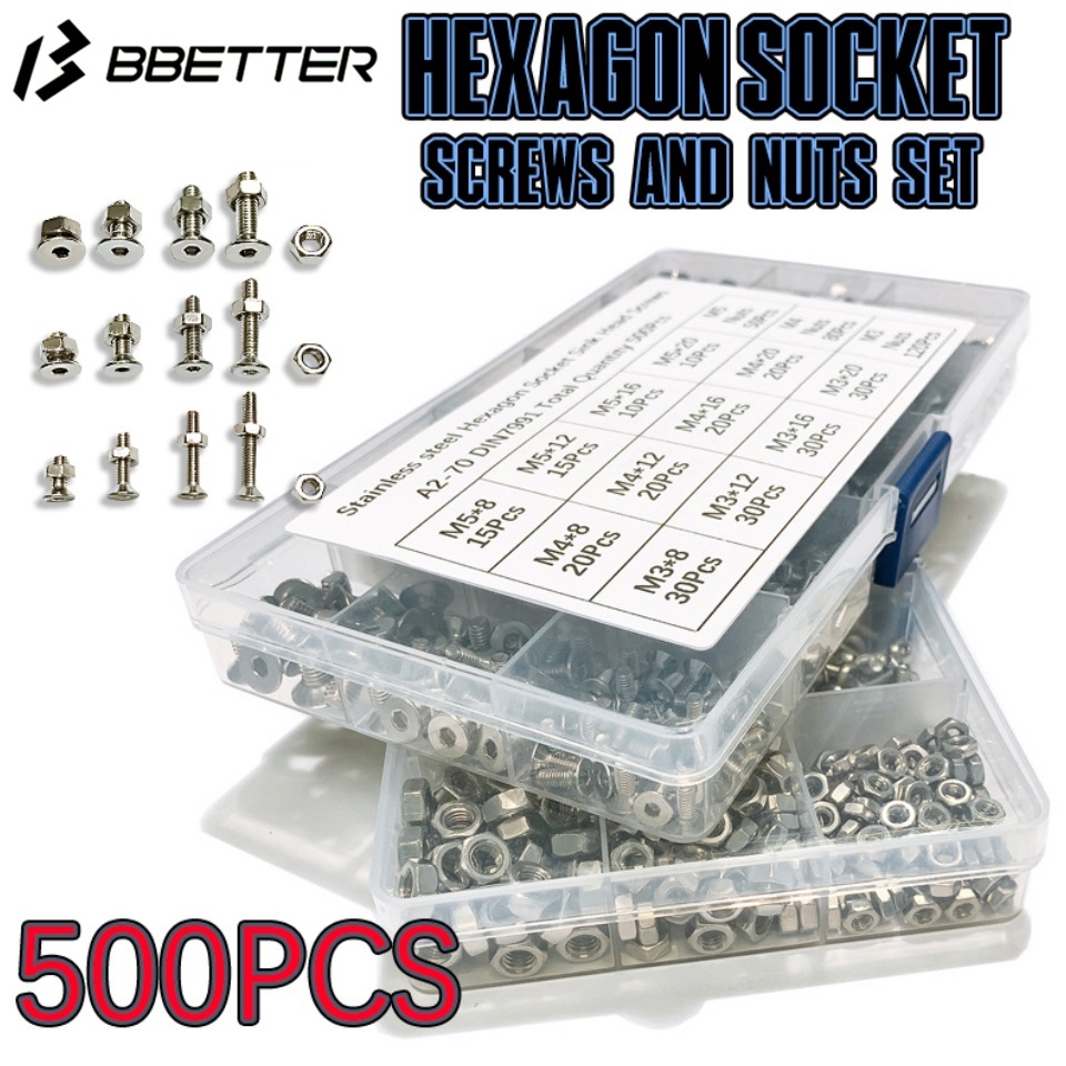 500Pcs M3 M4 M5 Stainless Steel Hex Socket Screw Nuts Bolt Cap Socket ...