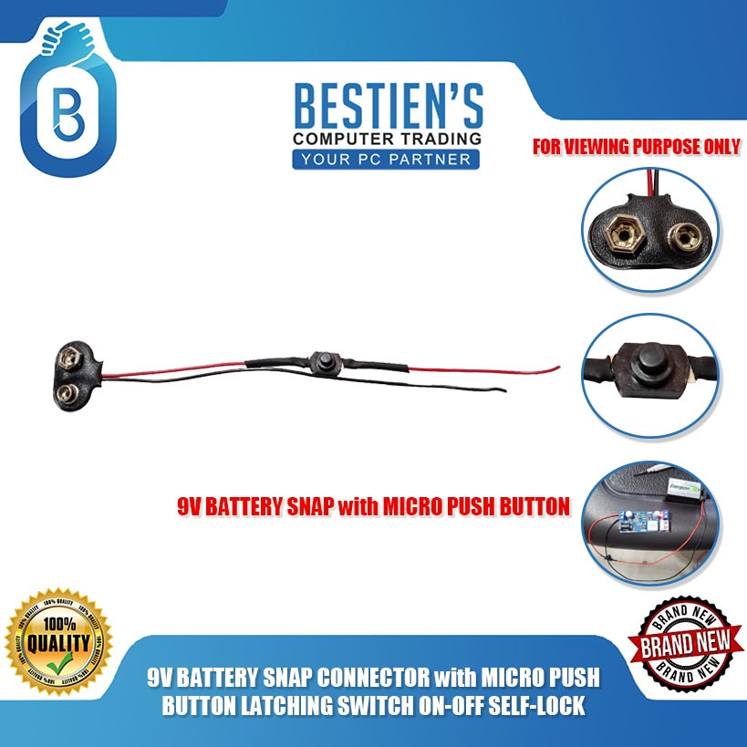 9V BATTERY SNAP CONNECTOR with MICRO PUSH BUTTON LATCHING SWITCH ON-OFF ...