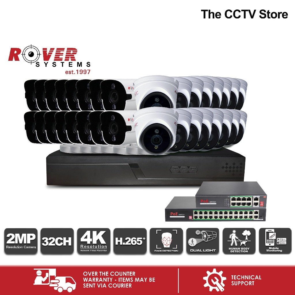 Rover 32CH NVR + 32 Ports POE Switch + 32 units 2MP PoE Dual light IP ...