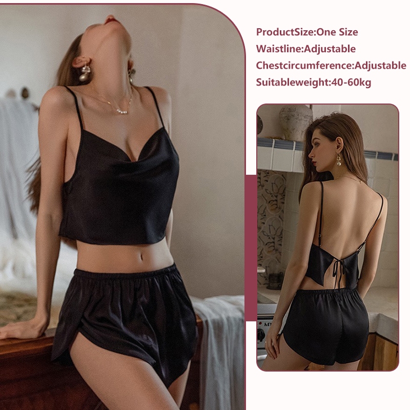 Rose Sex Lingerie Nighties Set Sexy Black Pajamas Sleeveless Short Terno Sleepwear For Woman