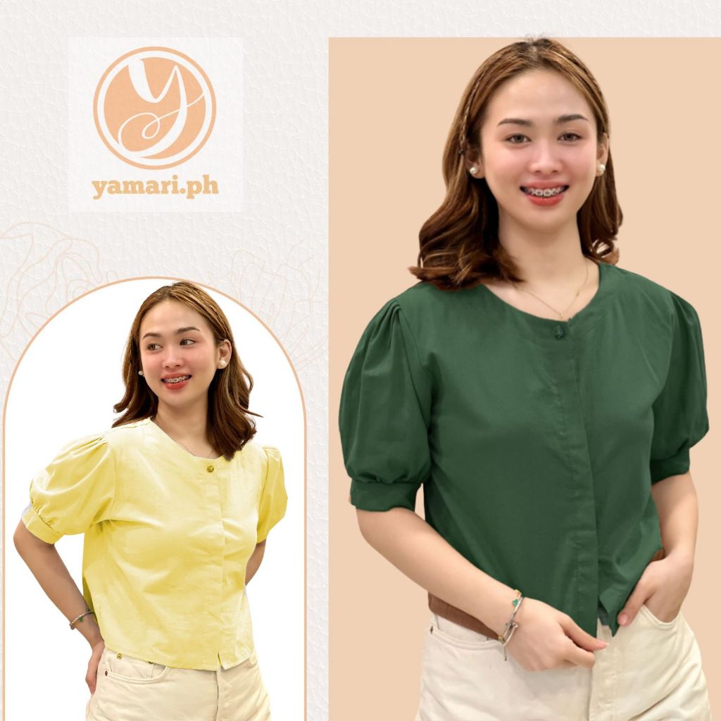 Yamari.PH Basic Casual linen round neck puffsleeves buttondown Polo top | VANESSA | Shopee ...