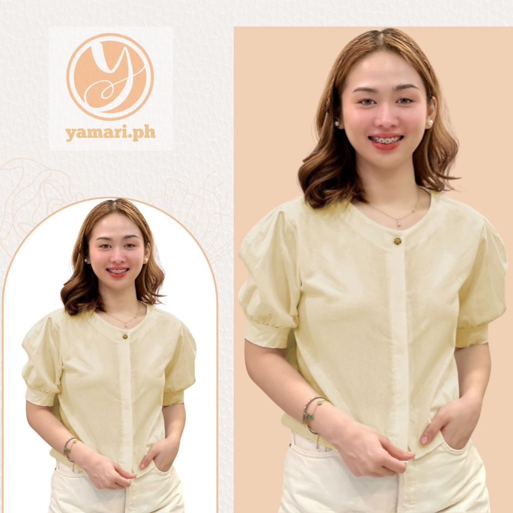 Yamari.PH Basic Casual linen round neck puffsleeves buttondown Polo top | VANESSA | Shopee ...