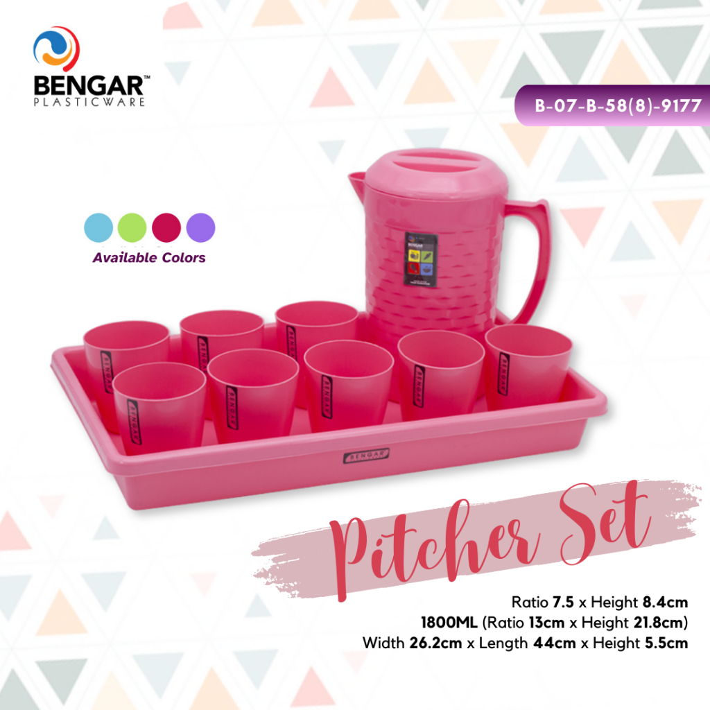 BENGAR PLASTICWARE Classy Pitcher Set Cups Party Drinking With Multi ...
