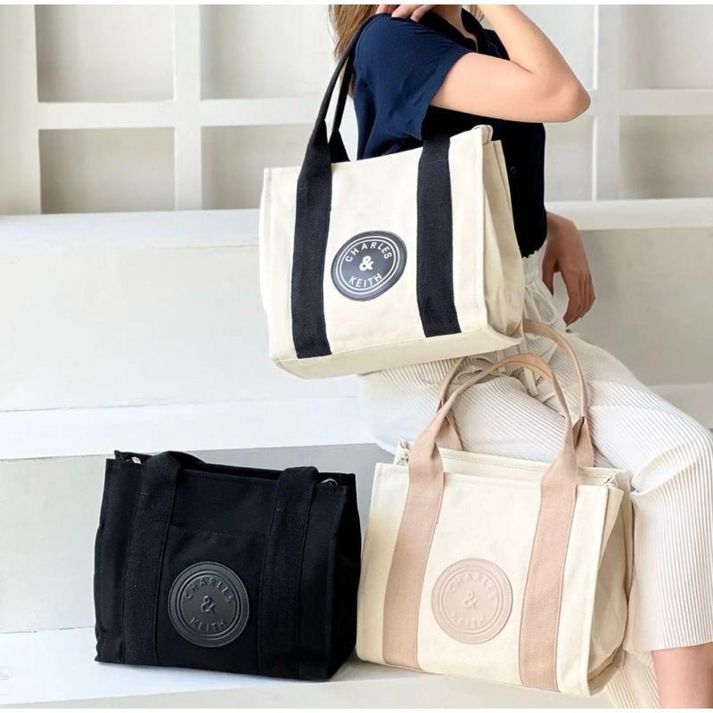 Canvas Contrast-Trim Tote Bag Charles Keith | Shopee Philippines