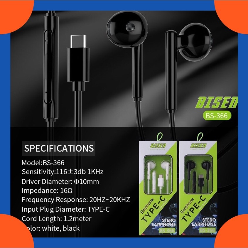 Bisen BS-366 Wired Earphones Type-C In-Ear Headset with MIC Headphone ...