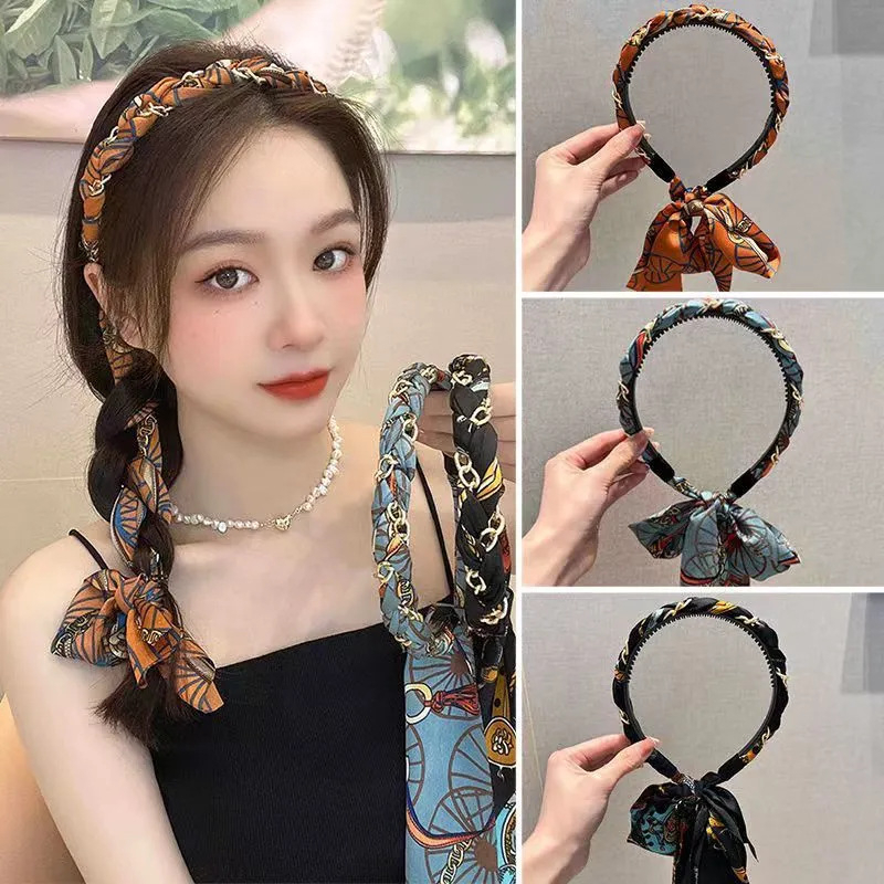 Elegant girl retro satin braided headband streamer braided one-piece ...