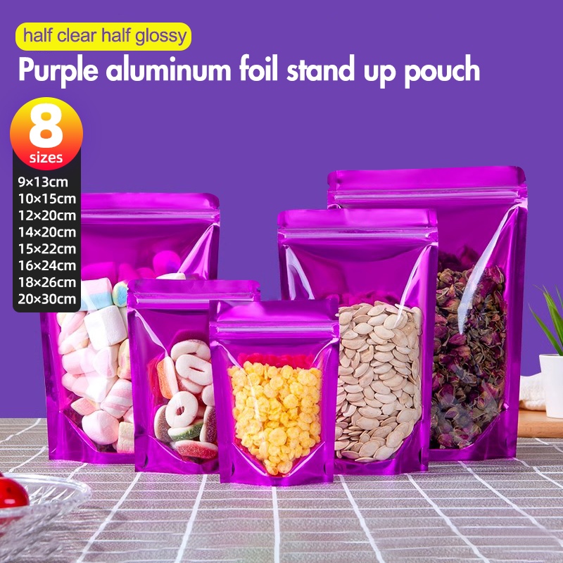 100pcs Half Violet Aluminum Half Clear Stand Up Pouch Resealable Packaging Resealable Pouch ...