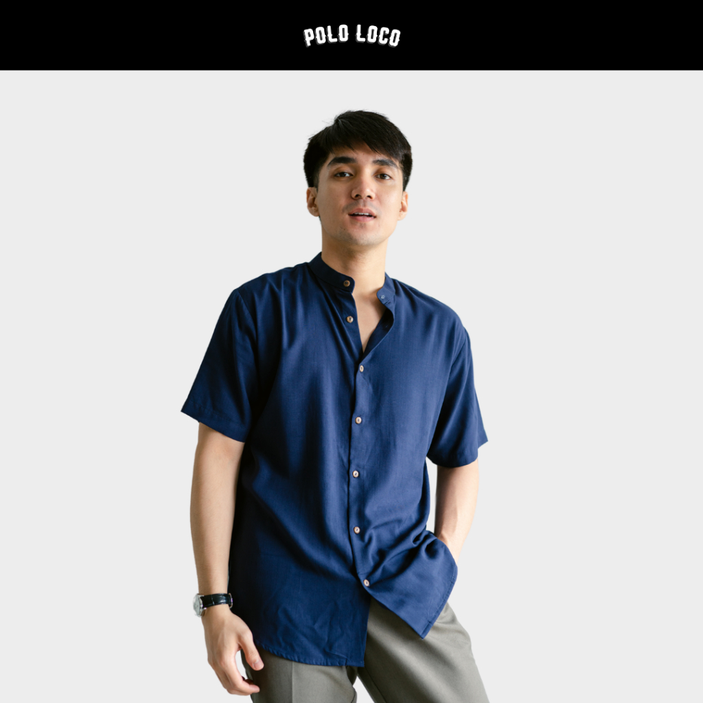 POLO LOCO Clarke Grandad Collar Plain Polo (Navy Blue) | Shopee Philippines