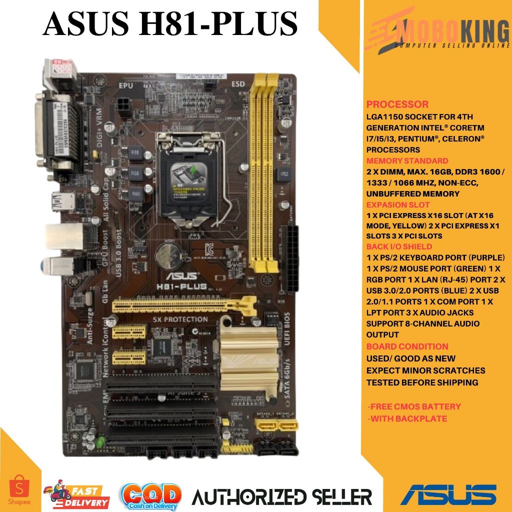 ASUS H81-PLUS 4TH GEN Desktop Motherboard H81 Socket LGA 1150 i3 i5 i7 DDR3 16GB 2 SLOTS USED ...
