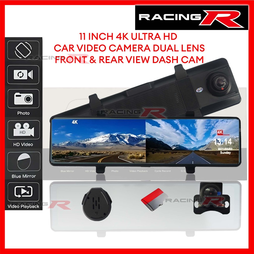 11 inch 4K Ultra HD Car Video Camera Dual Lens Front & Rearview Mirror ...