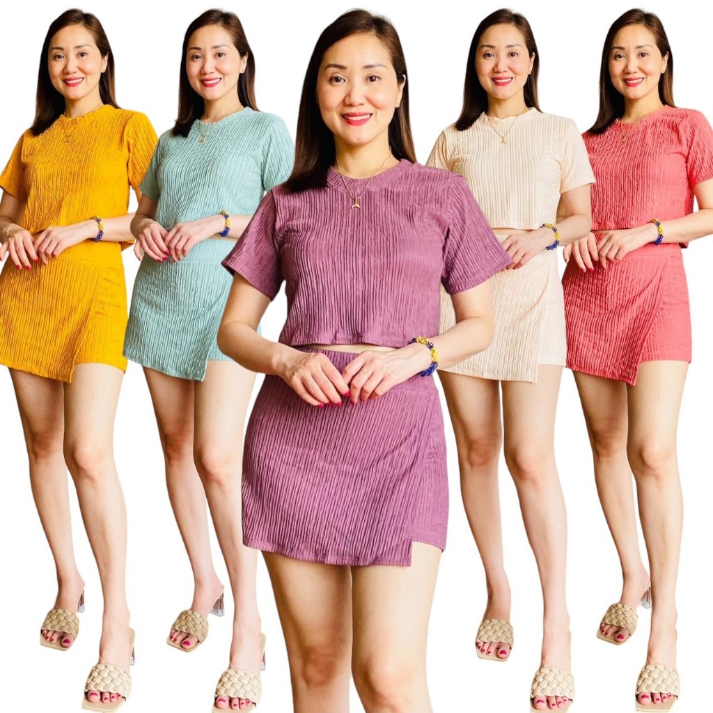 Margie Crop Top Short Sleeve Round Neck Bark Crepe Women Casual Terno ...