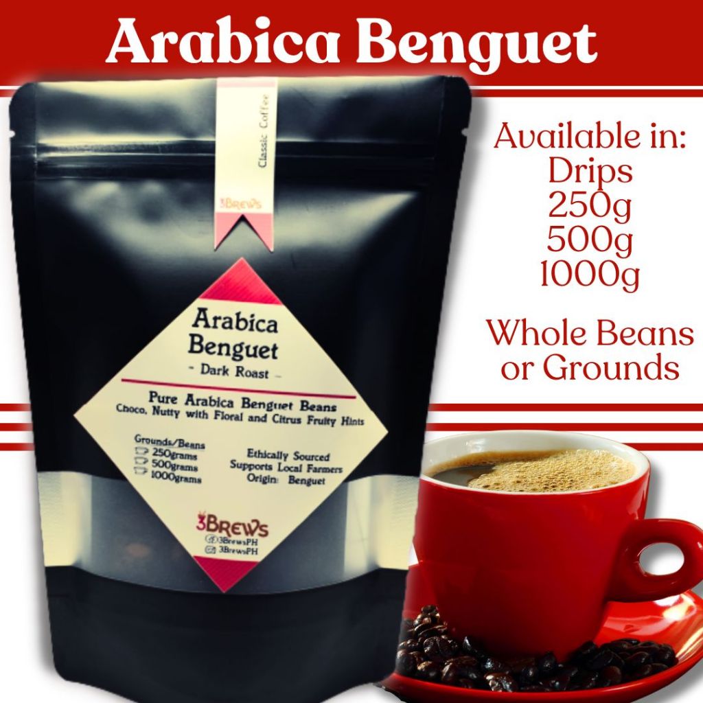 3Brews Arabica Benguet Coffee - Bold Dark Roast Whole Beans and Grounds ...