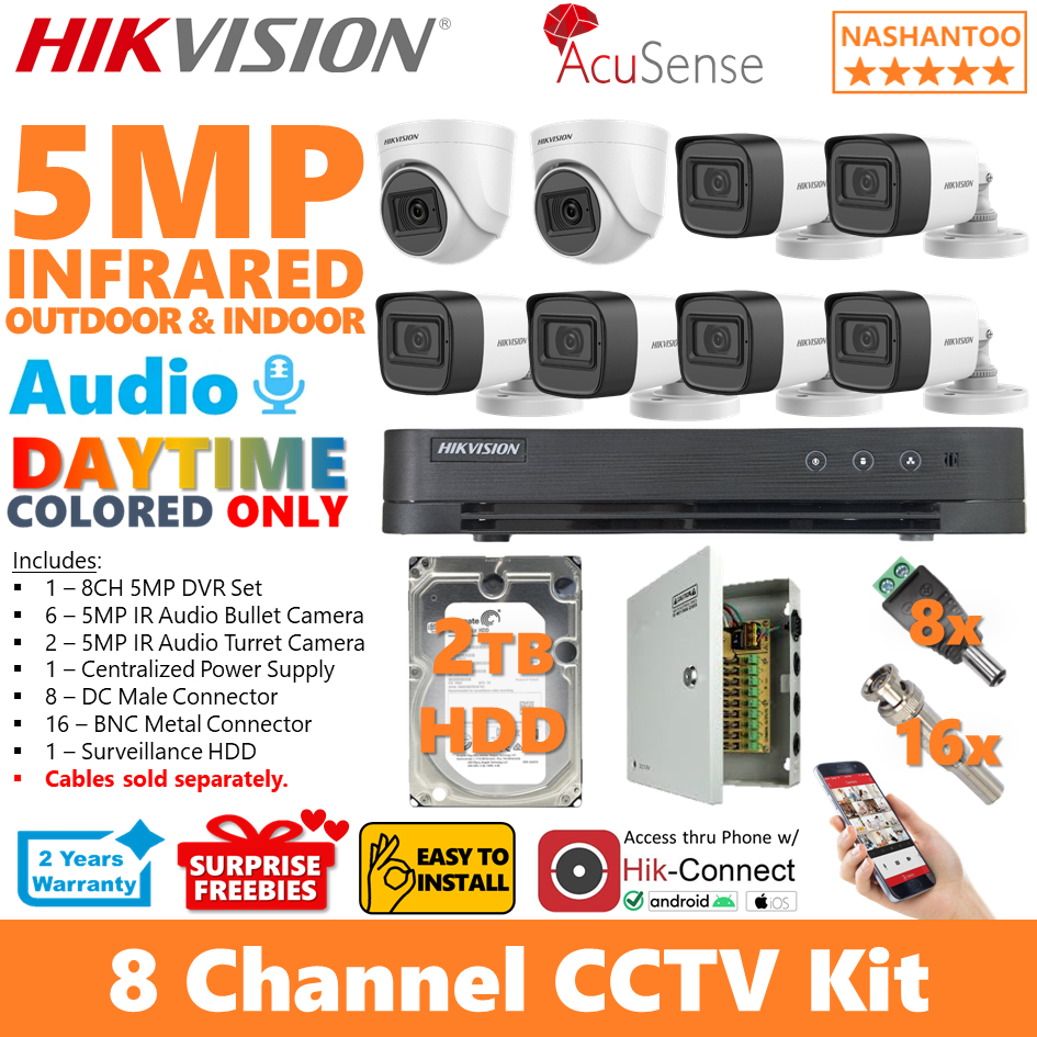 HIKVISION 8CH 5MP 8Cameras IR Audio DIY CCTV Package Kit (w/ 2TB HDD ...