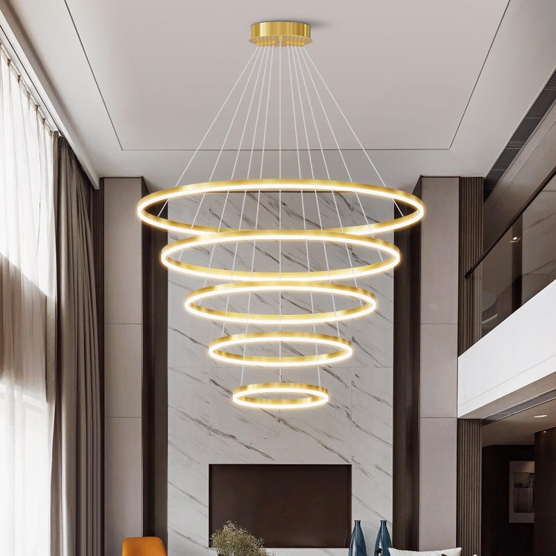 Modern Chandelier 5 Rings Staircase Chandelier Dimmable Pendant Light Adjustable High Ceiling ...