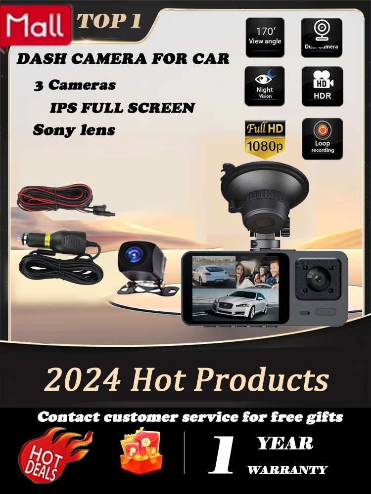 3 Cameras Dash Cam For Car Front And Back Full HD 1080P Driving Inside ...