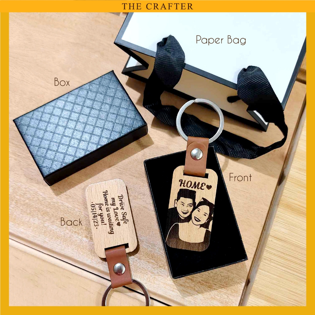 The Crafter | Wooden Rectangle Keychain Leather Personalized laser ...