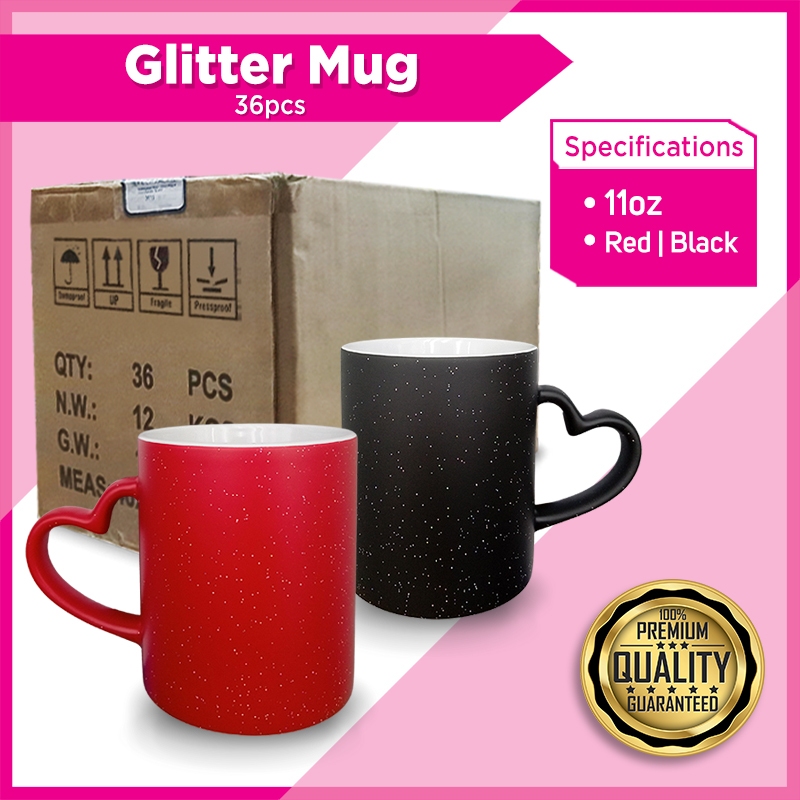 36PCS/1BOX Sublimation Magic Glitter Mug w/ Heart Handle Black / Red ...
