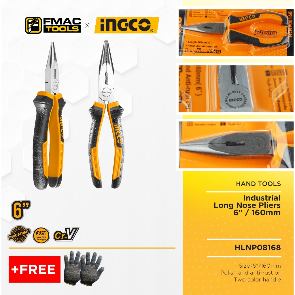 INGCO Industrial Long Nose Pliers 6" / 160mm HLNP08168 + FREEBIES FMAC ...