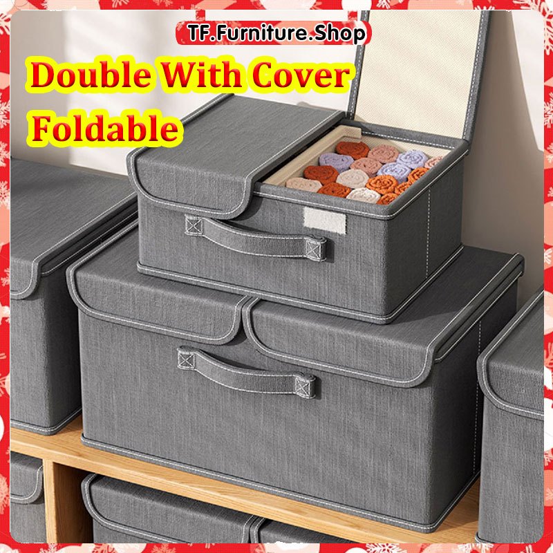 Double Cover Storage Box Fabric Foldable Cloth Wardrobe Laundry Storage ...