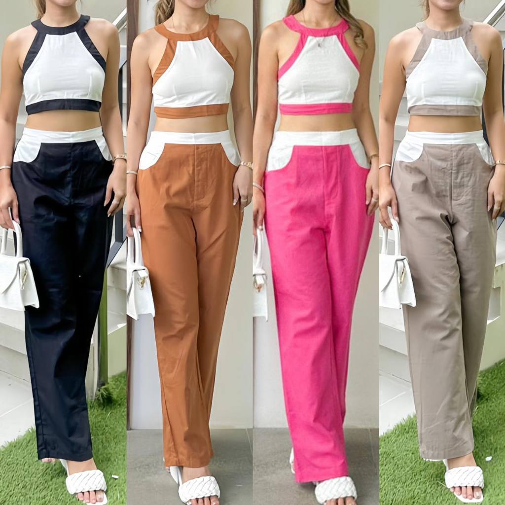 EMILY Sleeveless Crop Top Cotton Linen Terno Pants Coordinates 10964 ...