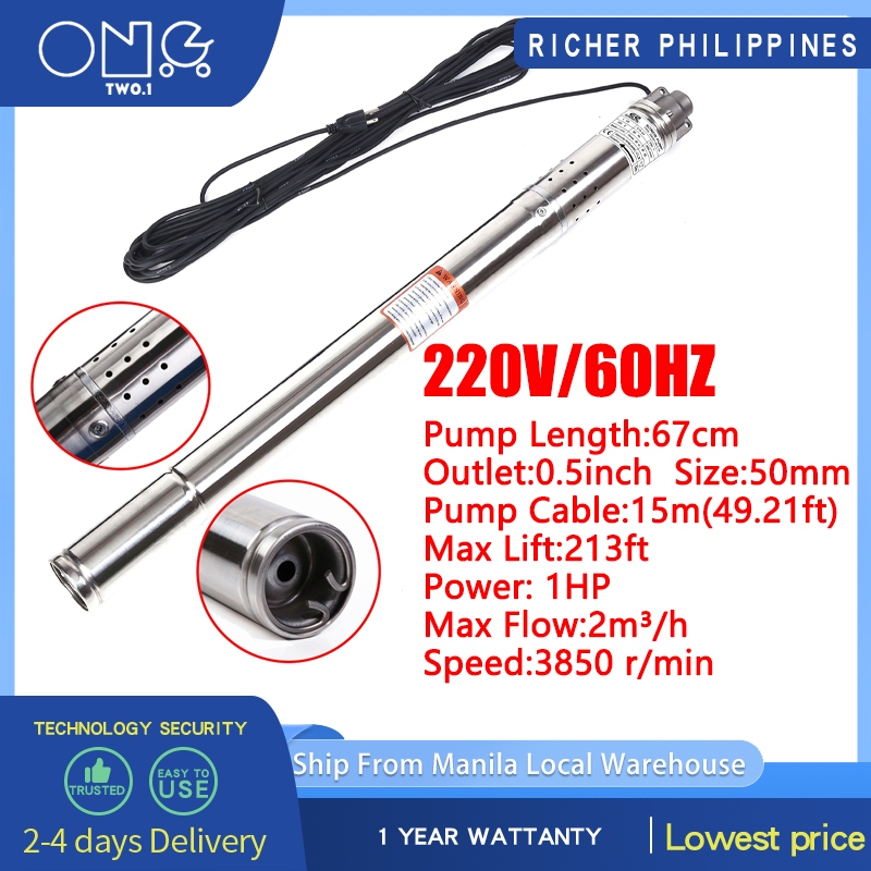 2'' Submersible Pump 1HP Stainless Steel Deep Well Pump 220V 60Hz ...