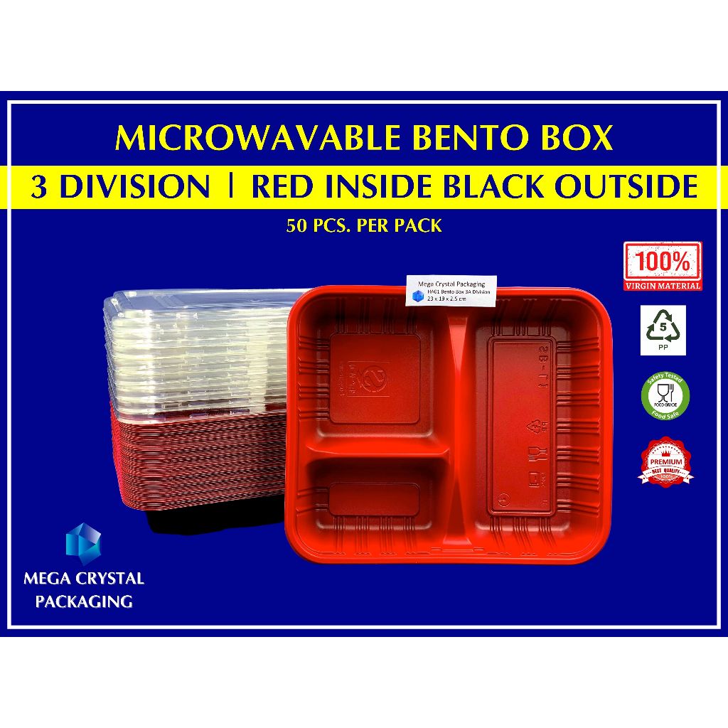 [ 50 Pcs ] Japanese Microwavable Bento Box 3 Division Red inside ...