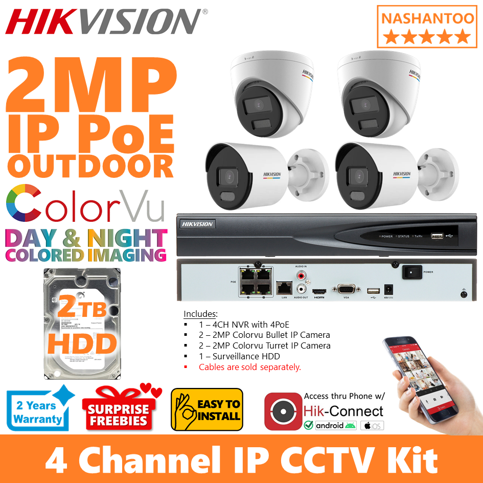 HIKVISION 4Ch 2MP Colorvu PoE 4Cameras (2Bullet, 2Turret)Outdoor IP ...