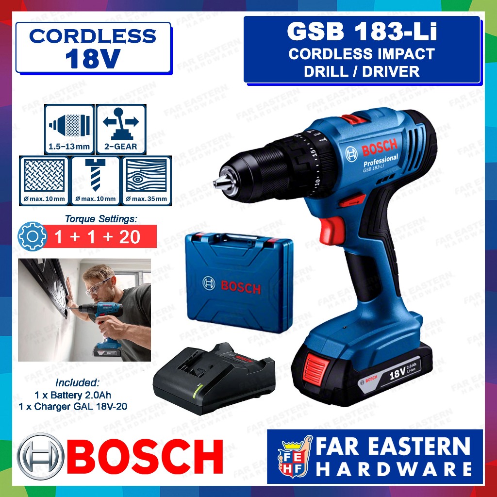 BOSCH GSB 183-Li Cordless Impact Hammer Drill / Driver 18V w/ Battery ...