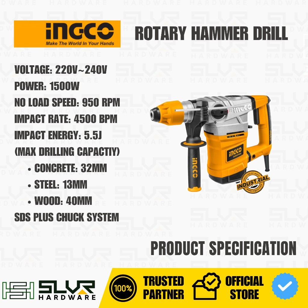 INGCO Industrial Grade Rotary Hammer Drill / Chipping Gun RH150028 SDS ...