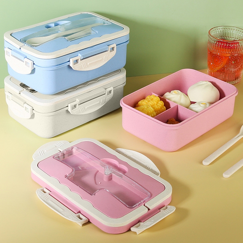Dailyhome Bento Box 3 Compartment Lunch Box with Utensils Wheat Straw ...