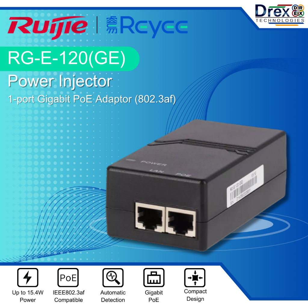 Ruijie Rg-E-120(GE) 1-Port PoE Adapter (1000Base-T) Up to 15.4W of ...