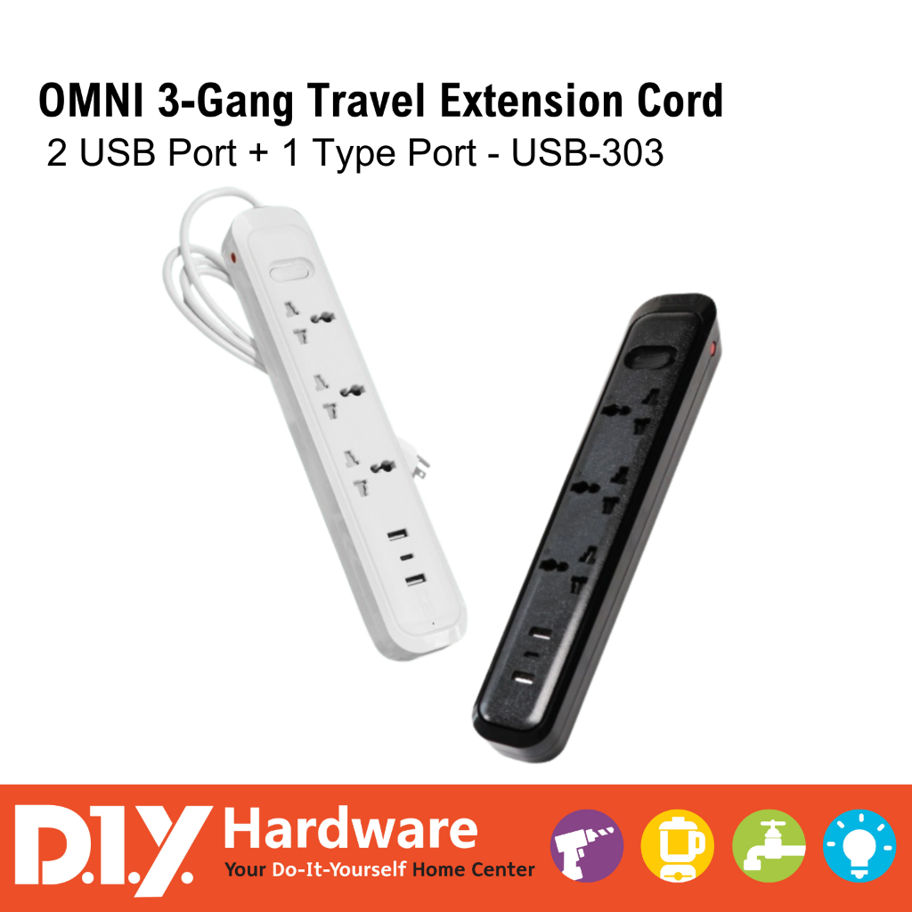 OMNI 3-Gang Travel Extension Cord with 2 USB Port + 1 Type Port - USB ...
