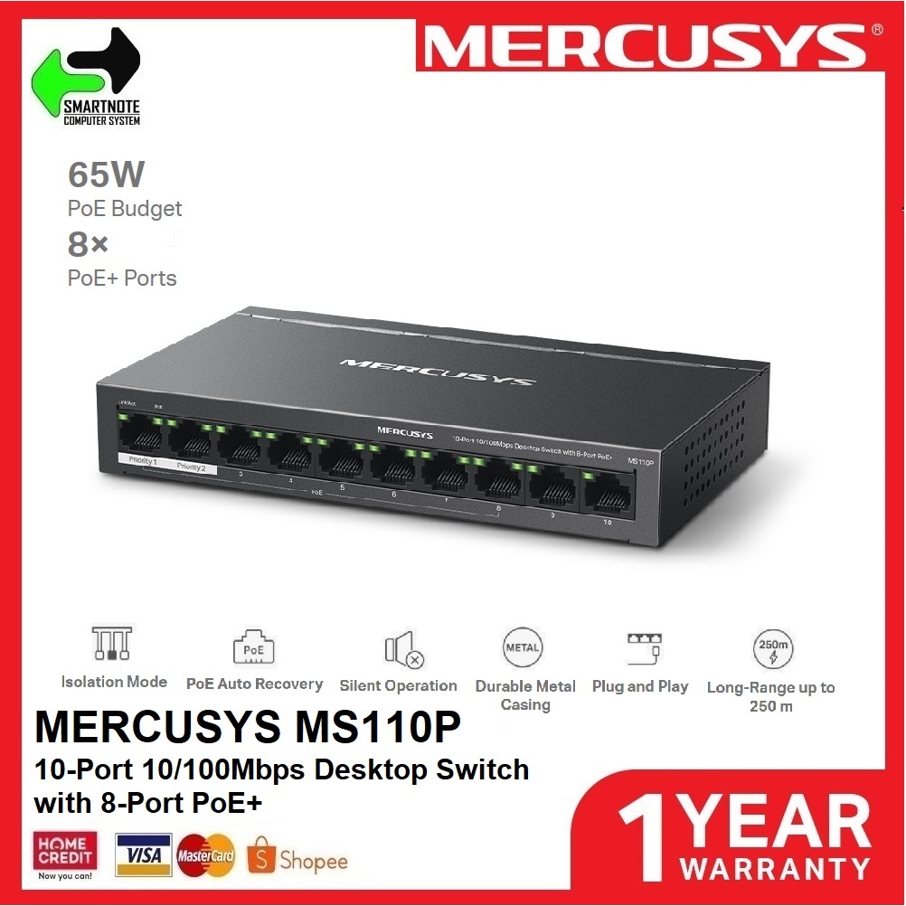 MERCUSYS MS110P 10-Port 10/100Mbps Desktop Switch with 8-Port PoE+ ...