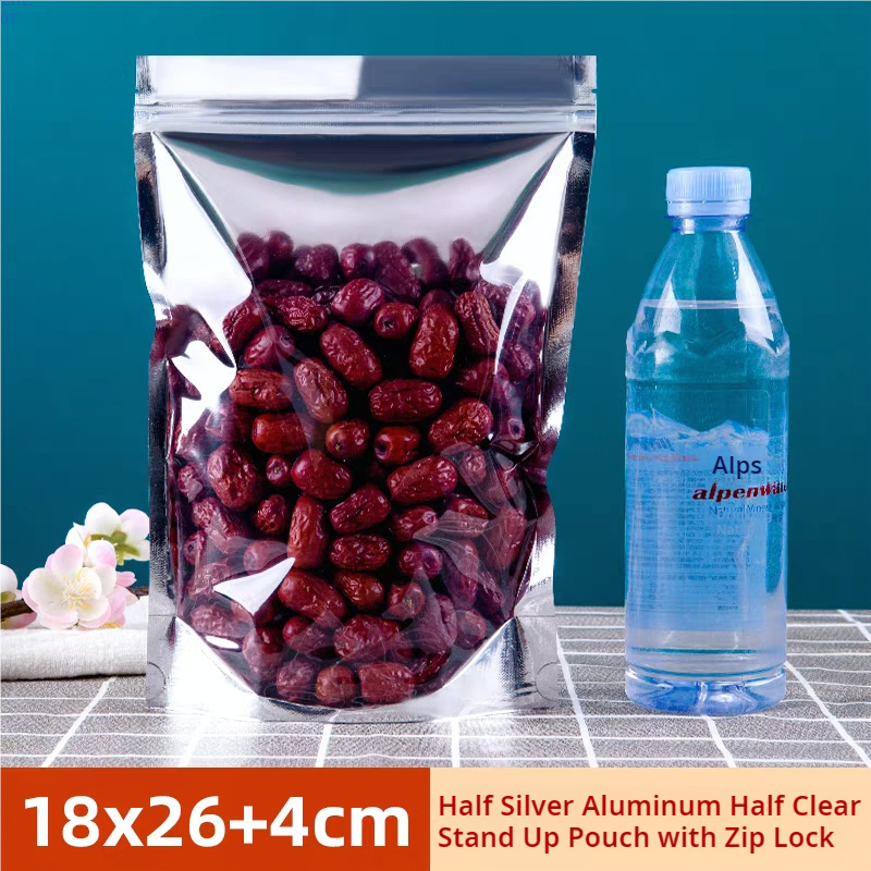 50-100 pcs Half Silver Aluminum Half Clear Stand Up Pouch with Zip Lock Packaging Ziplock ...