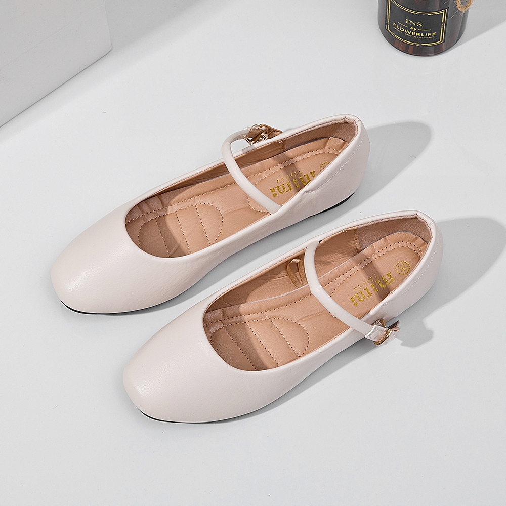 (yizixi) French Flat Shoes New Flat Buckle Strap Square Toe Shallow ...